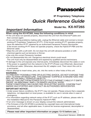 Panasonic KX-NT265 Quick Reference Guide | Manualzz
