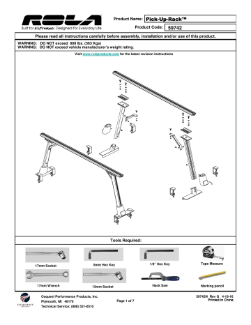 Cequent Rola Pick-Up-Rack 59742 Instructions Manual | Manualzz