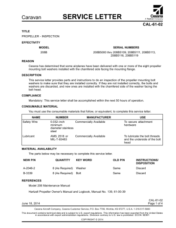 Cessna Caravan 208B Service Letter | Manualzz
