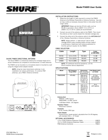 Shure PA805SWB Instrucciones De Instalación | Manualzz