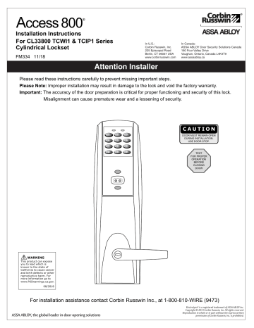 Assa Abloy Corbin Russwin Access 800 Series Installation Instructions ...