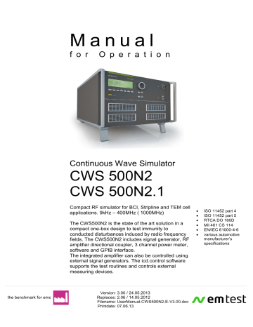 EM TEST CWS 500N2, CWS 500N2.1 Operation Manual | Manualzz