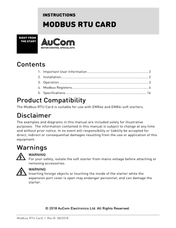 AuCom Modbus RTU Card Instructions Manual | Manualzz