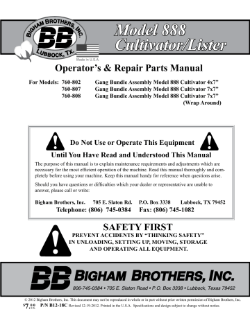 Bigham Brothers 888 Operator’s & Repair Parts Manual | Manualzz