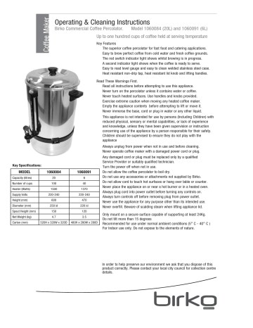 Birko 1060084 Operating & Cleaning Instructions | Manualzz