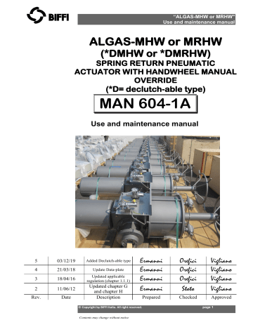 BIFFI ALGAS-MHW, ALGAS-MRHW Use And Maintenance Manual | Manualzz