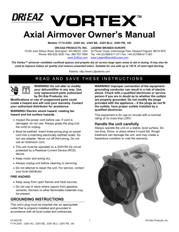 Dri-Eaz VORTEX F174-230V Owner's Manual | Manualzz