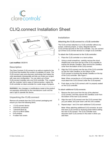 Clare Controls CLIQ.connect Installation Sheet | Manualzz