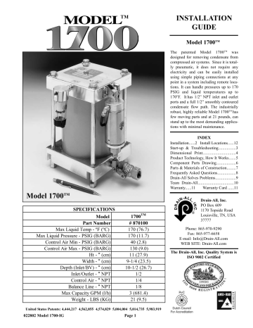 Drain-All 870100, Model 1700, Model 1700-IG Installation Manual | Manualzz