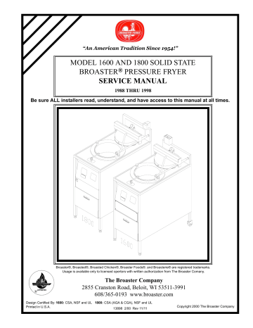 Broaster 1600, 1800 Service Manual | Manualzz