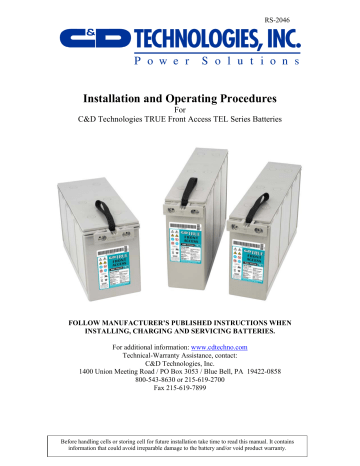 C&D Technologies TEL12-180F Installation And Operating Procedures | Manualzz