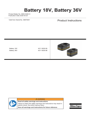 Atlas Copco Battery 18V, Battery 36V Product Instructions | Manualzz