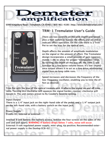 Demeter Amplification TRM-1 Tremulator User Manual | Manualzz