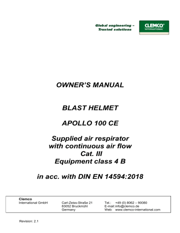 Clemco APOLLO 100 CE Owner's Manual | Manualzz