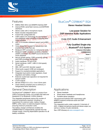 CSR BlueCore CSR8640 BGA User Manual | Manualzz