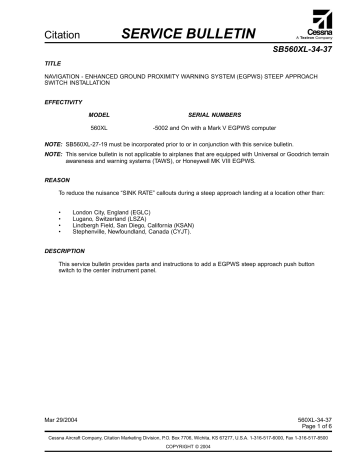 Cessna 560XL Service Bulletin | Manualzz