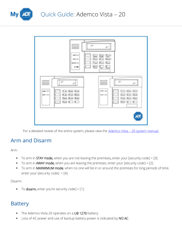 ADT Ademco Vista 20 Quick Manual | Manualzz