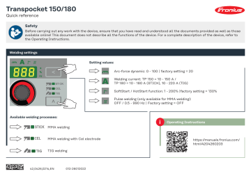 Fronius TransPocket 150, TransPocket 180 Quick Reference | Manualzz