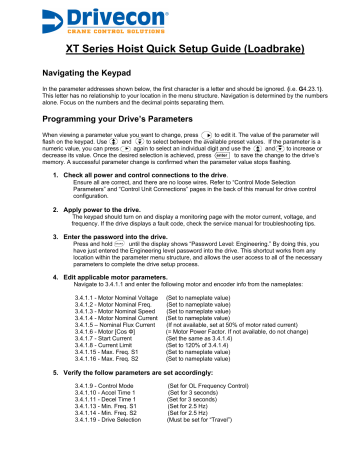 Drivecon XT Series Hoist Quick Setup Manual | Manualzz