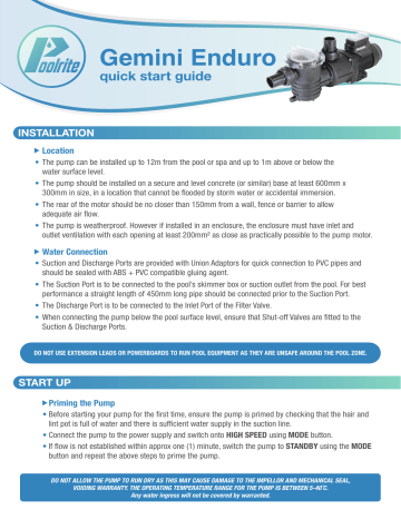 PoolRite Gemini Enduro Quick Start Manual | Manualzz
