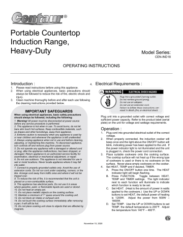 Centaur CEN-IND18 Portable Induction Range Manual | Manualzz