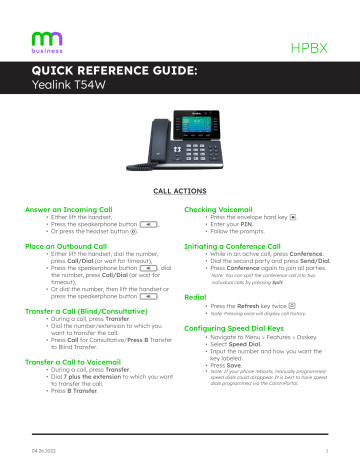 Yealink T54W Quick Reference Manual | Manualzz