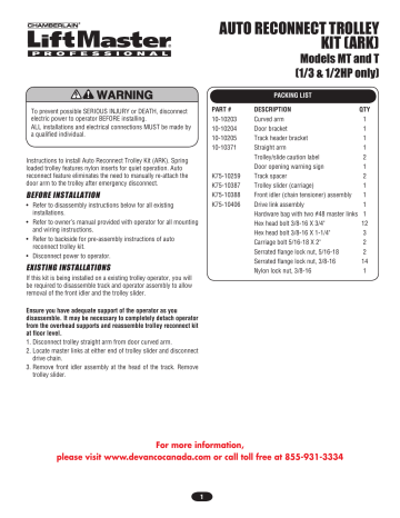 Chamberlain T Auto Reconnect Trolley Kit Installation Manual | Manualzz