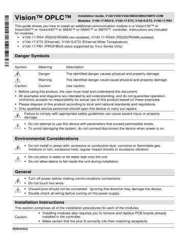 Unitronics Vision OPLC V100-17-PB1 Installation Manual | Manualzz