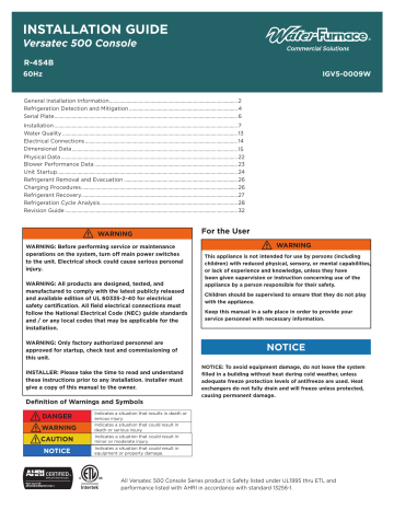 WaterFurnace Versatec 500 Console Installation Manual | Manualzz