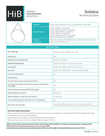HiB Solstice LED Illuminated Bathroom Mirror Technical Data - Download ...